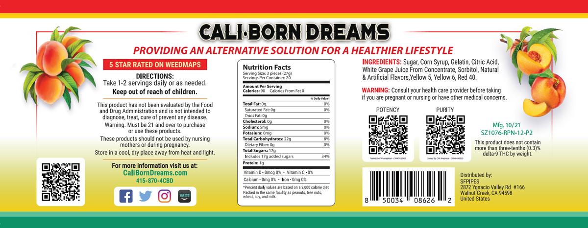 Cali Born Dreams Peach-Flavored 30mg CBD Gummy Rings – 60ct. (No Melat ...